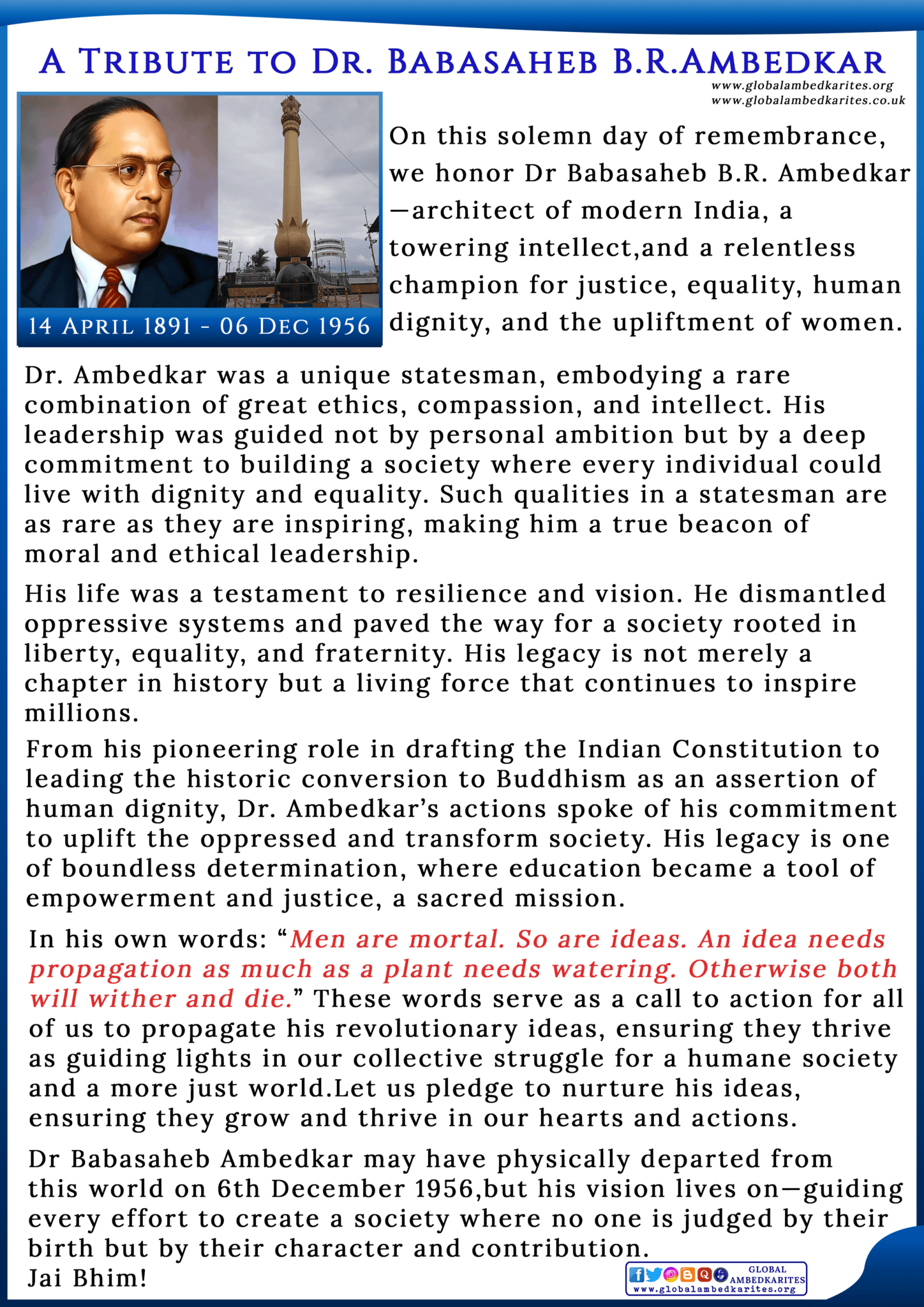 TRIBUTE TO AMBEDKAR THE GREAT ON THE 68TH ANNIVERSARY OF HIS PASSING ...